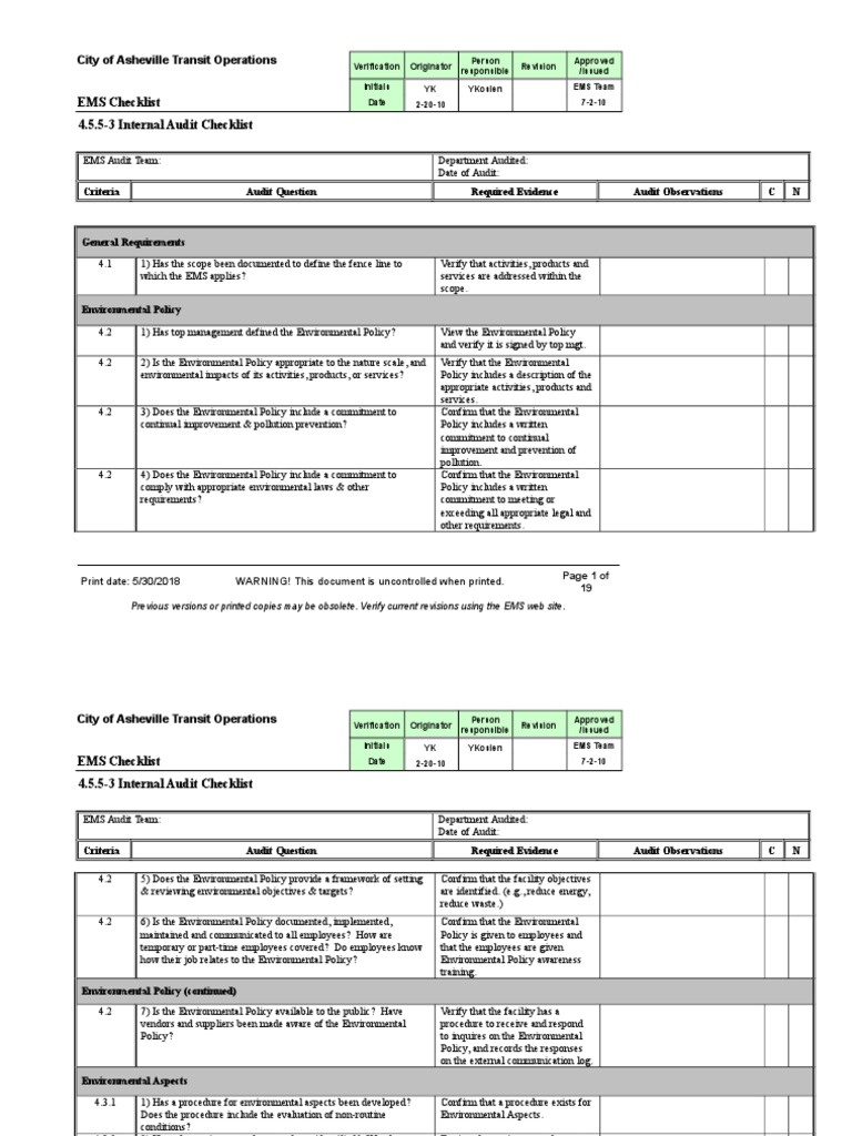 Internal - Audit Checklist | PDF | Verification And Validation ...