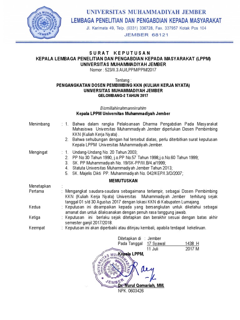 Contoh SK DPL Unmuh Jember | PDF Contoh SK DPL Unmuh Jember | PDF