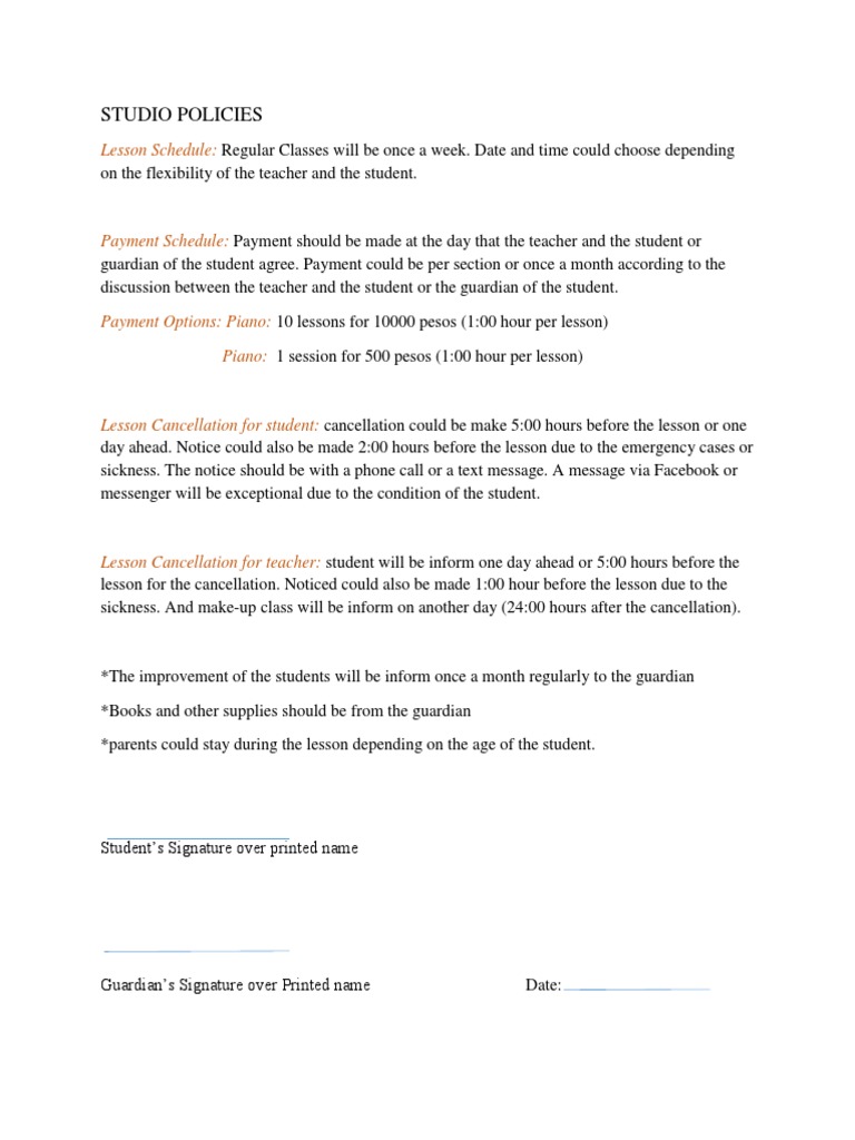 Studio Policies: Lesson Schedule | PDF