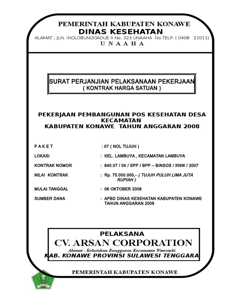 Kontrak Pembangunan Poskesdes 2008 | PDF | Pengelolaan Keuangan & Uang ...