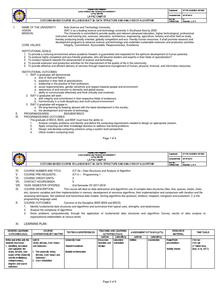 ISTU Course Syllabus for Data Structures and Algorithms | PDF ...