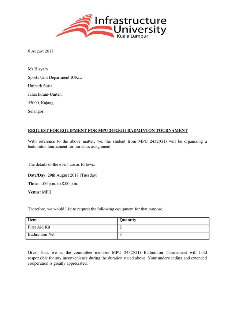 MPU 2432(G1) Badminton Tournament Request | PDF