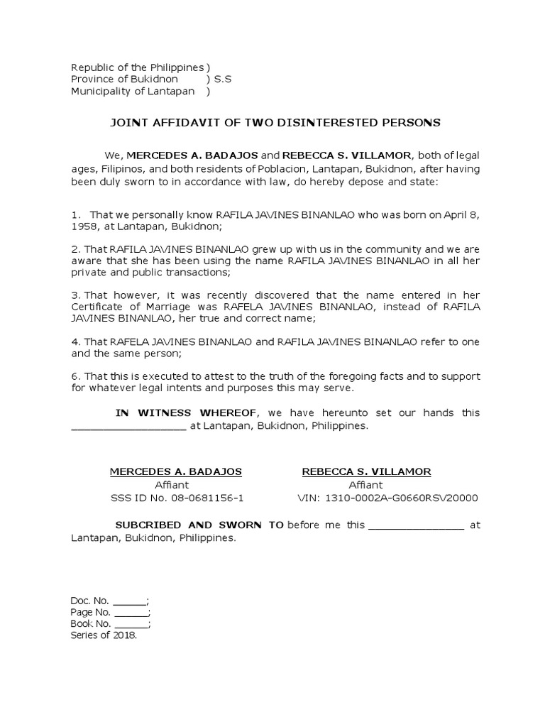 Joint Affidavit of Two Disinterested Persons: IN WITNESS WHEREOF, We ...