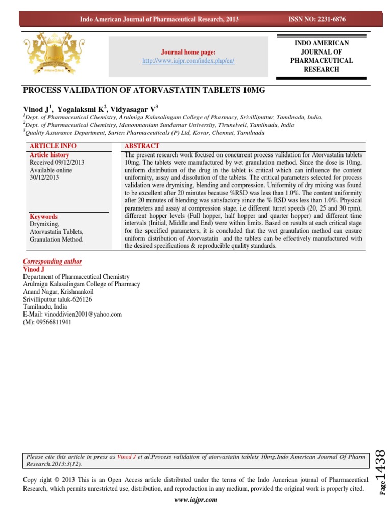 Process Validation For Atorvastatin Tablet - Article | PDF | Tablet (Pharmacy) | Chemical Substances