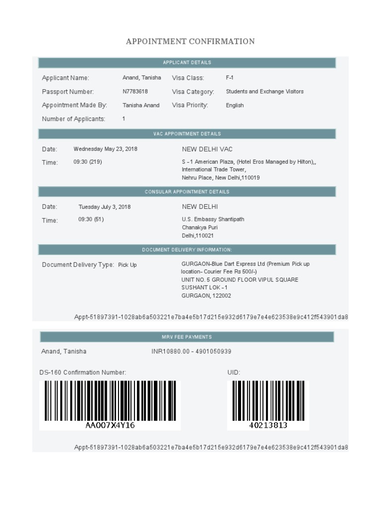 US Visa Appointment Confirmation Details | PDF | Travel Visa | Usb ...
