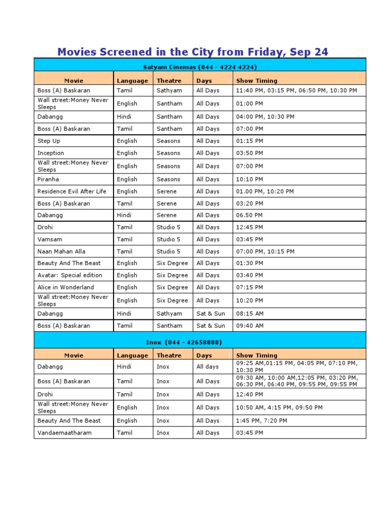 Movies Screening: Sep 24 Schedule | PDF