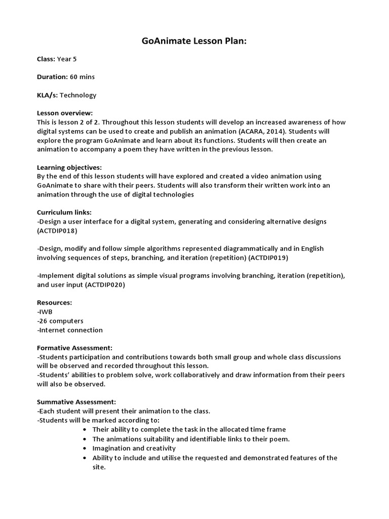 GoAnimate Lesson Plan for Year 5 | PDF | Animation | Educational Assessment