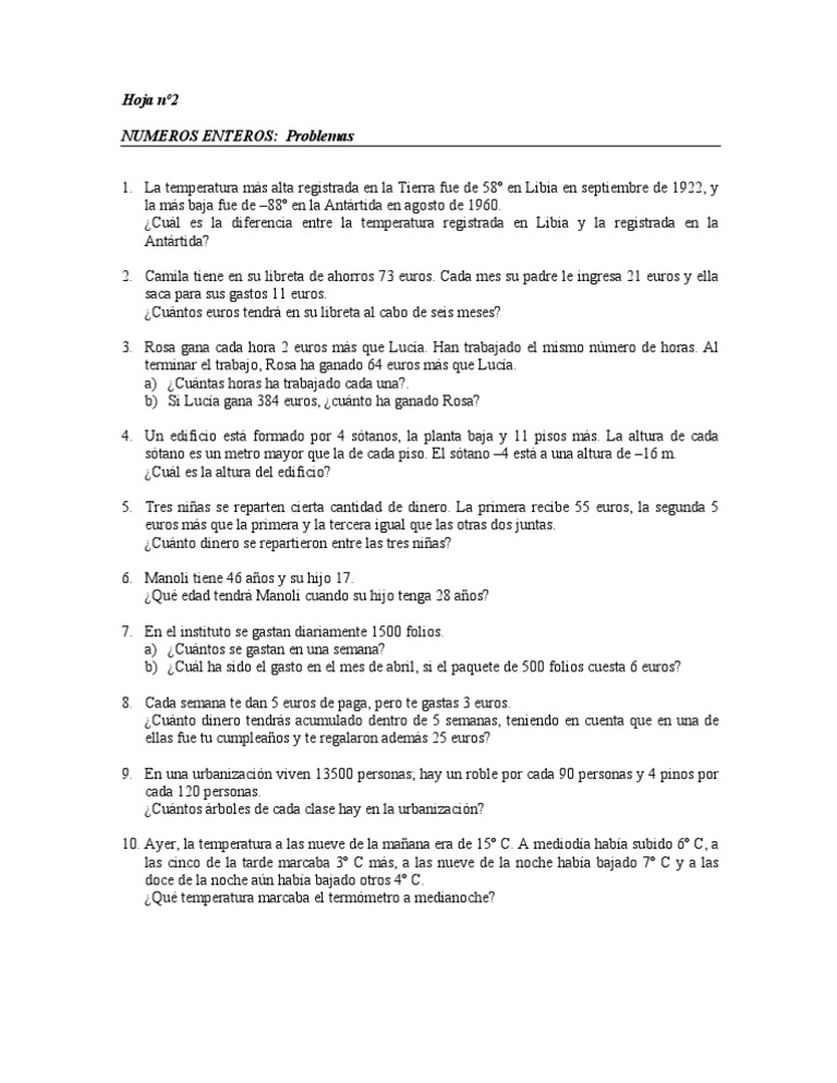 Problemas Numeros Enteros 1-2 Eso | PDF