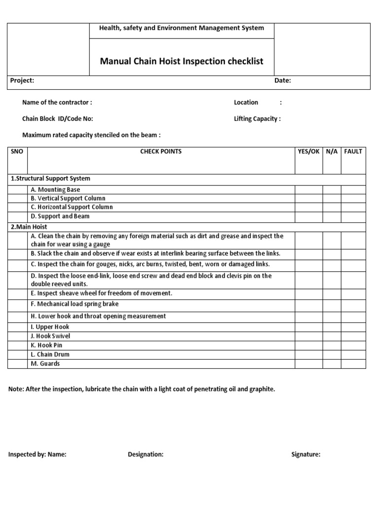 Manual Chain Hoist Inspection Checklist: Health, Safety and Environment ...