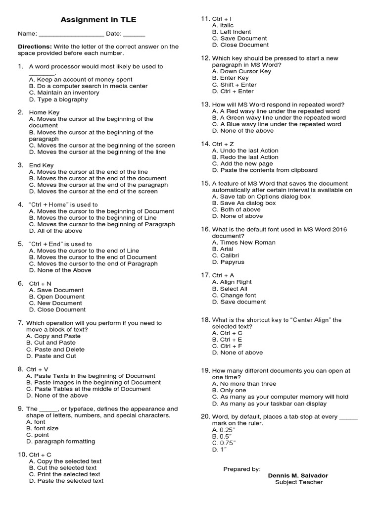 Assignment in TLE: Directions: Write The Letter of The Correct Answer ...