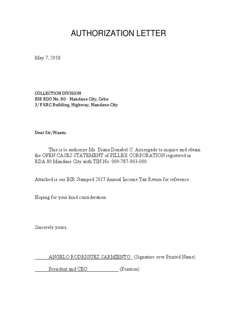 Authorization Letter: Collection Division BIR RDO No. 80 - Mandaue City, Cebu 3/F KRC Building ...