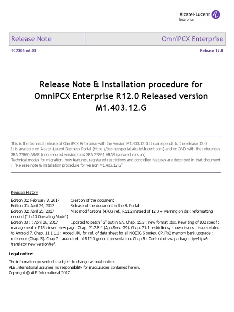 Installation Procedure OmniPCX Enterprise R12.0 Version M1.403.12.G | PDF | Session Initiation ...