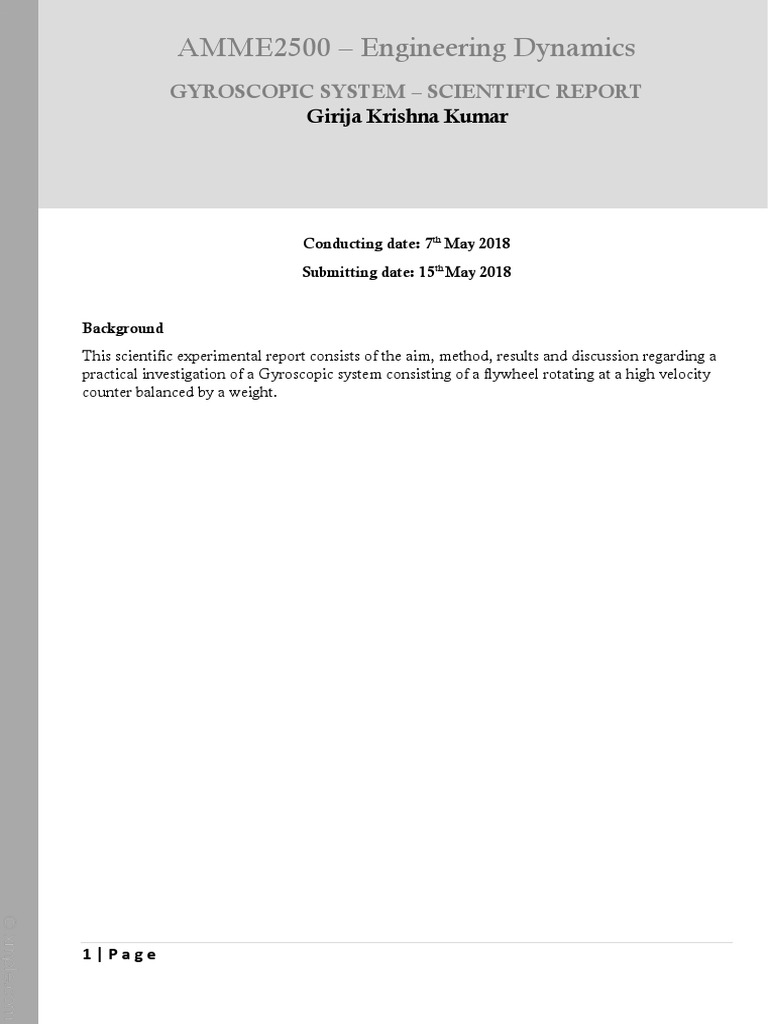 AMME2500 - Engineering Dynamics: Gyroscopic System - Scientific Report | PDF | Gyroscope | Rotation
