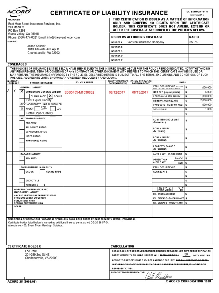 Certificate of Insurance | PDF | Deductible | Insurance