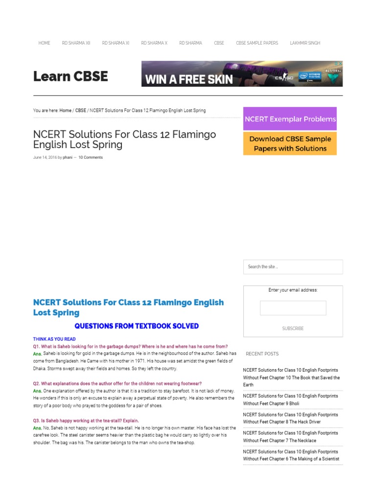 Learn CBSE: NCERT Solutions For Class 12 Flamingo English Lost Spring ...