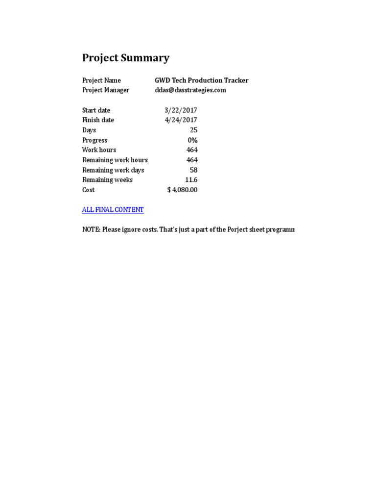 GWD Tech Production Tracker Summary | PDF | Communication | Computing