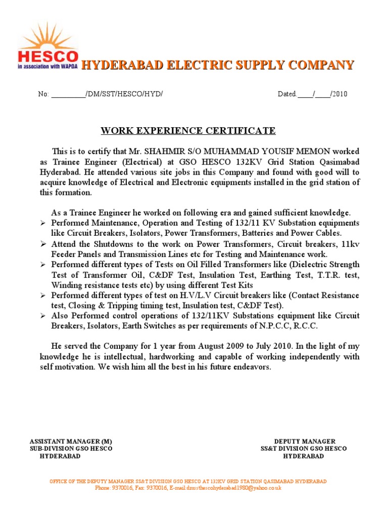 Work Experience Certificate 1 | PDF | Electrical Substation | Transformer