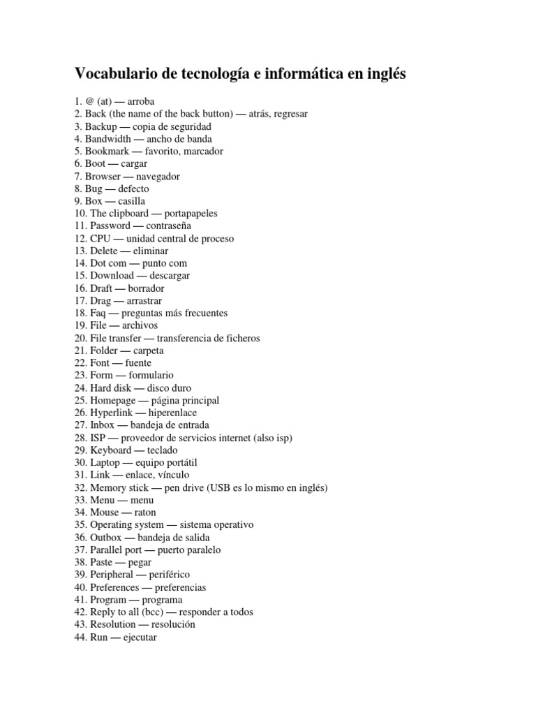 Vocabulario tecnológico en inglés y español | PDF | Juegos y actividades