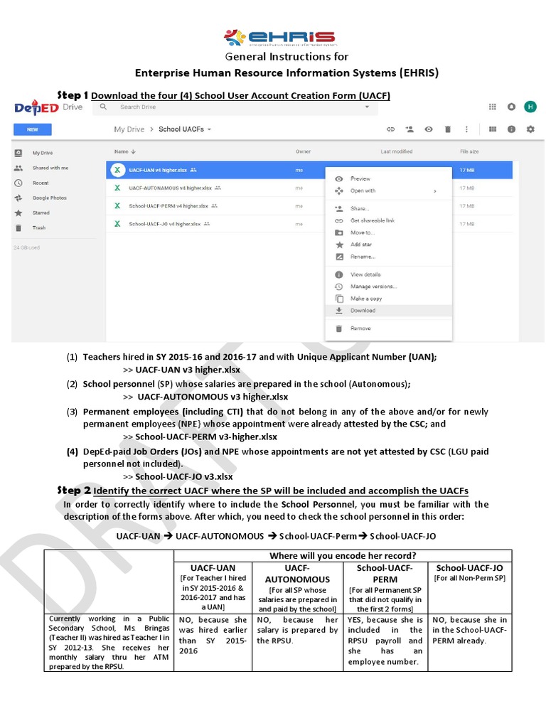 General Instruction For Filling Up EHRIS UACF For Schools 1 | PDF ...