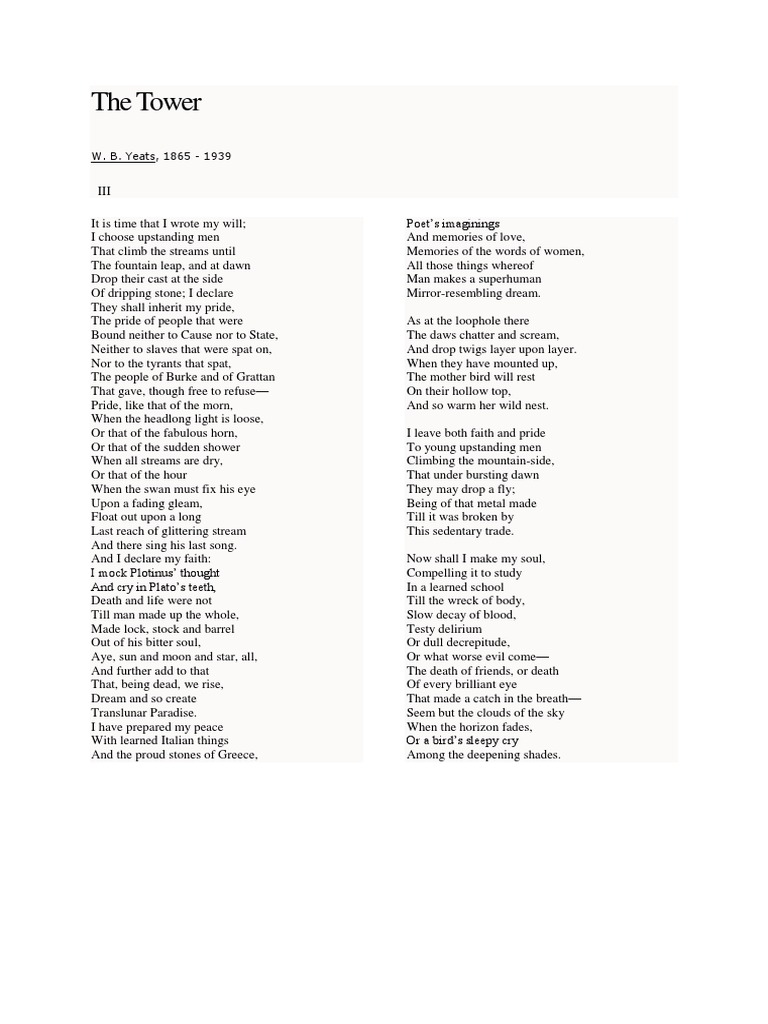 The Tower: W. B. Yeats, 1865 - 1939 | PDF