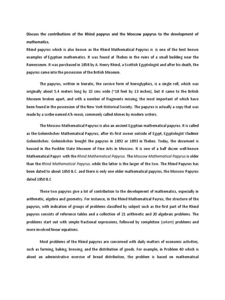 Discuss The Contributions of The Rhind Papyrus and The Moscow Papyrus ...
