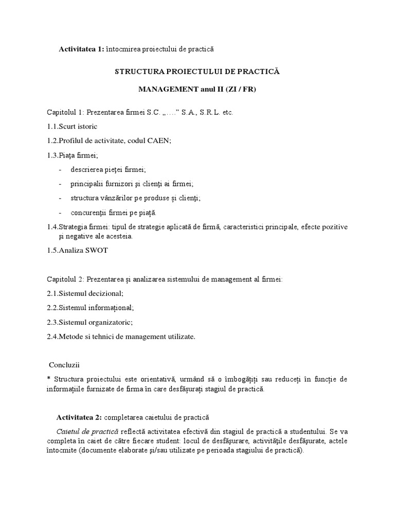 Structura Proiect Practica MANAGEMENT | PDF