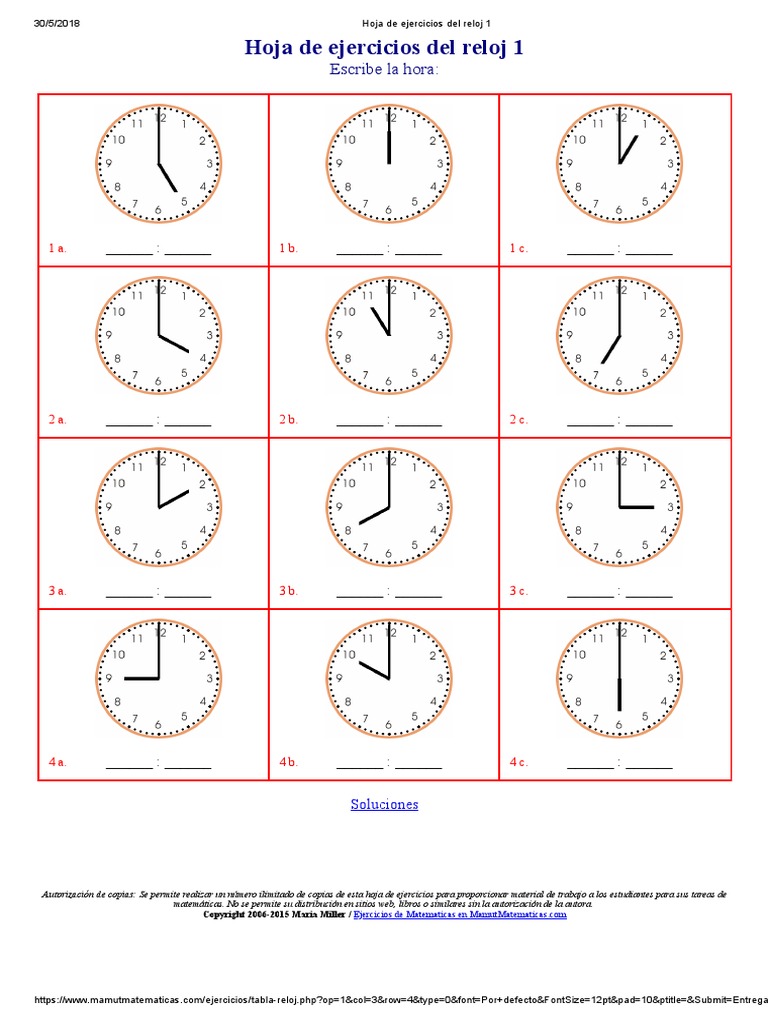 Hojas De Trabajo Sobre El Reloj Para Alumnos De 2.º Grado