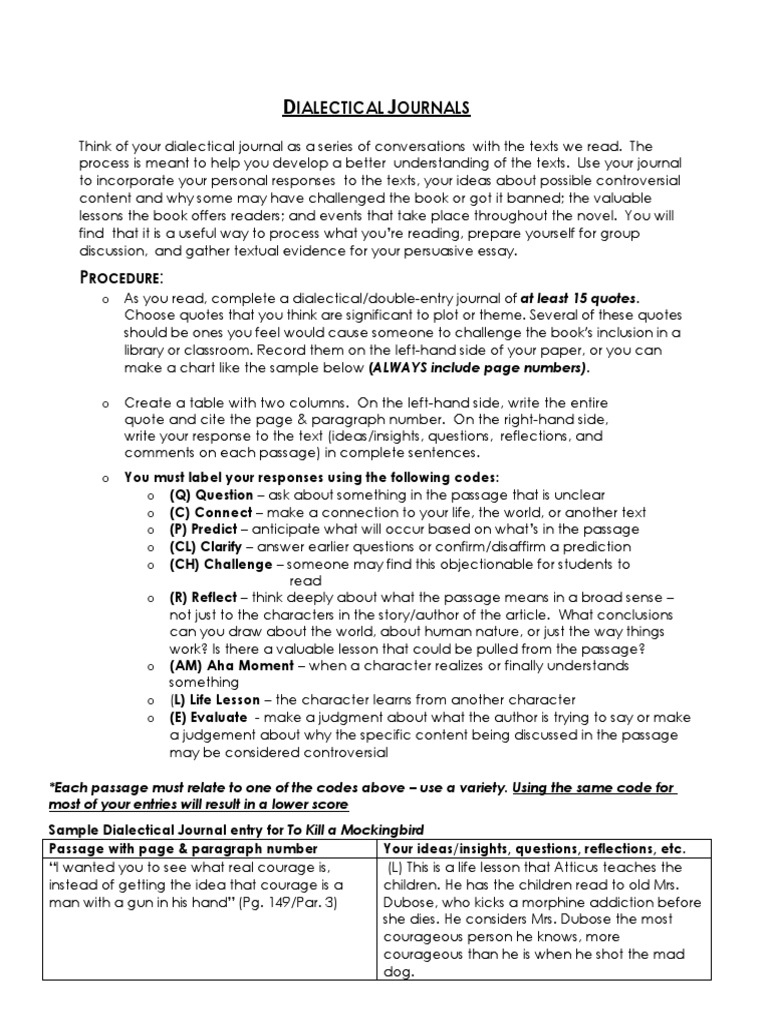 dialectical journal directions sample template | To Kill A Mockingbird ...