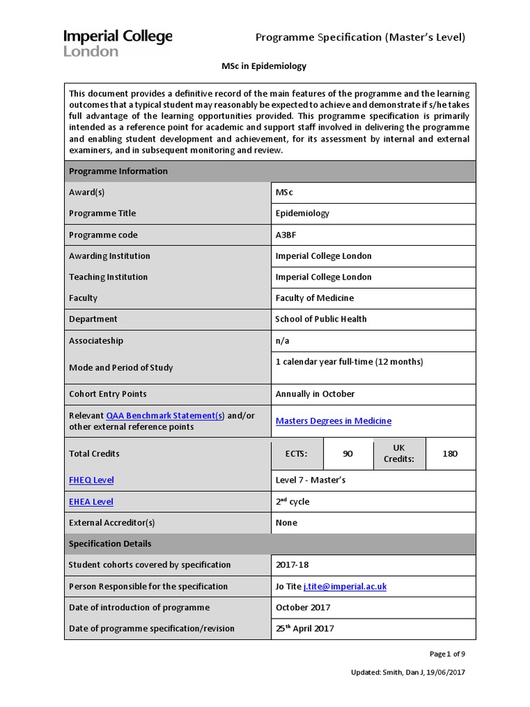 MSC EPI Programme Spec 2017.18 FINAL | PDF | Postgraduate Education ...