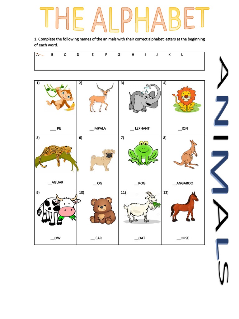 Complete The Following Names of The Animals With Their Correct Alphabet ...