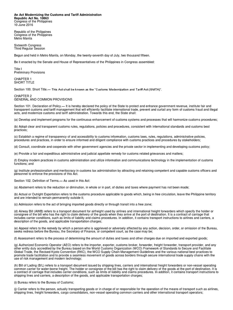 Customs Modernization and Tariff Act | PDF | Customs | Search And Seizure