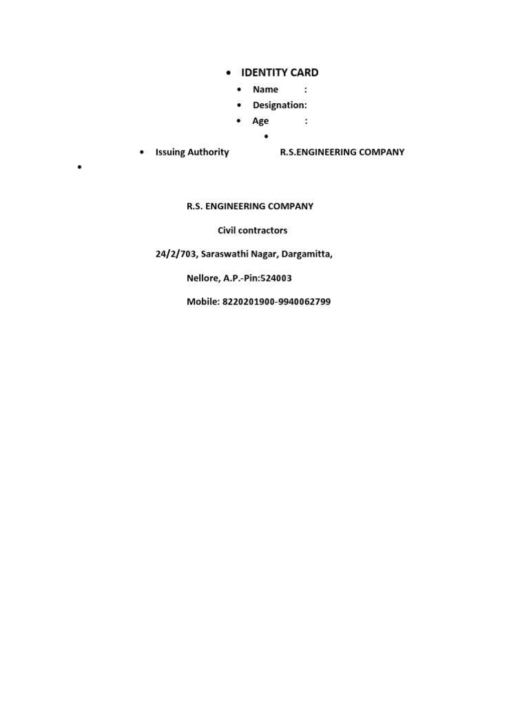 Identity Card: Name: Designation: Age: Issuing Authority R.S ...