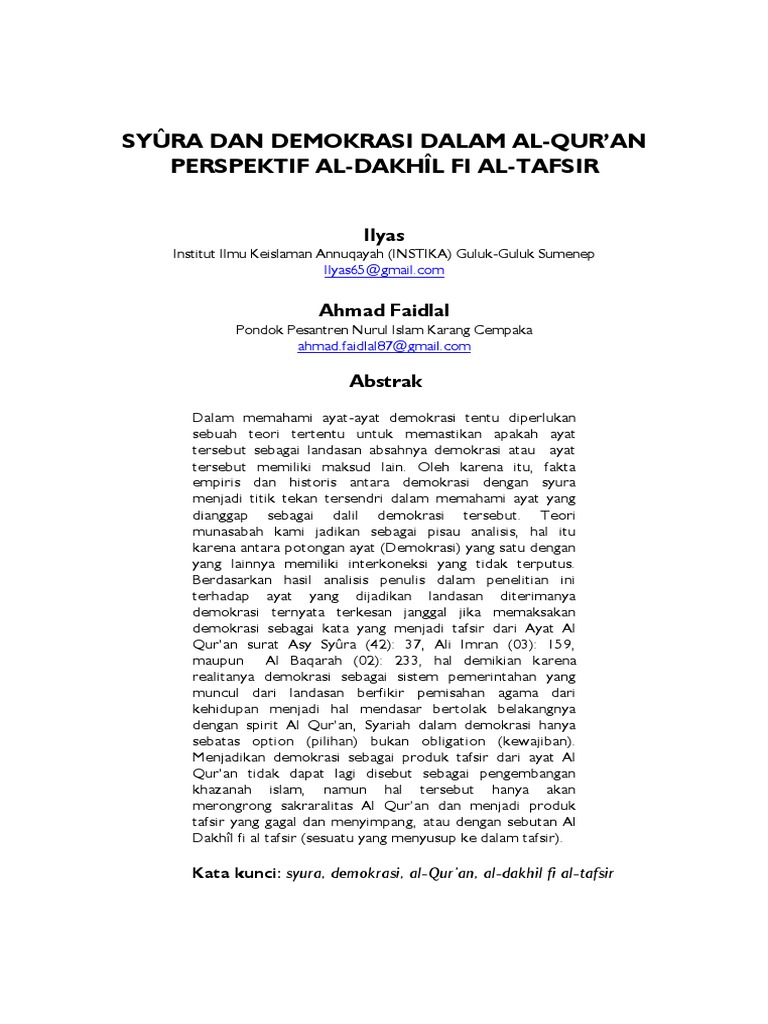 Syûra Dan Demokrasi Dalam Al-Qur'An Perspektif Al-Dakhîl Fi Al-Tafsir | PDF