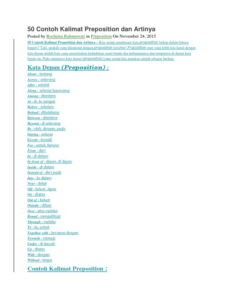 50 Contoh Kalimat Preposition Dan Artinya | PDF
