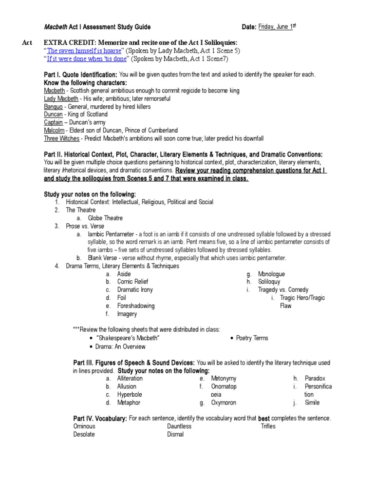 Macbeth Act I Study Guide | PDF | Macbeth | Poetry