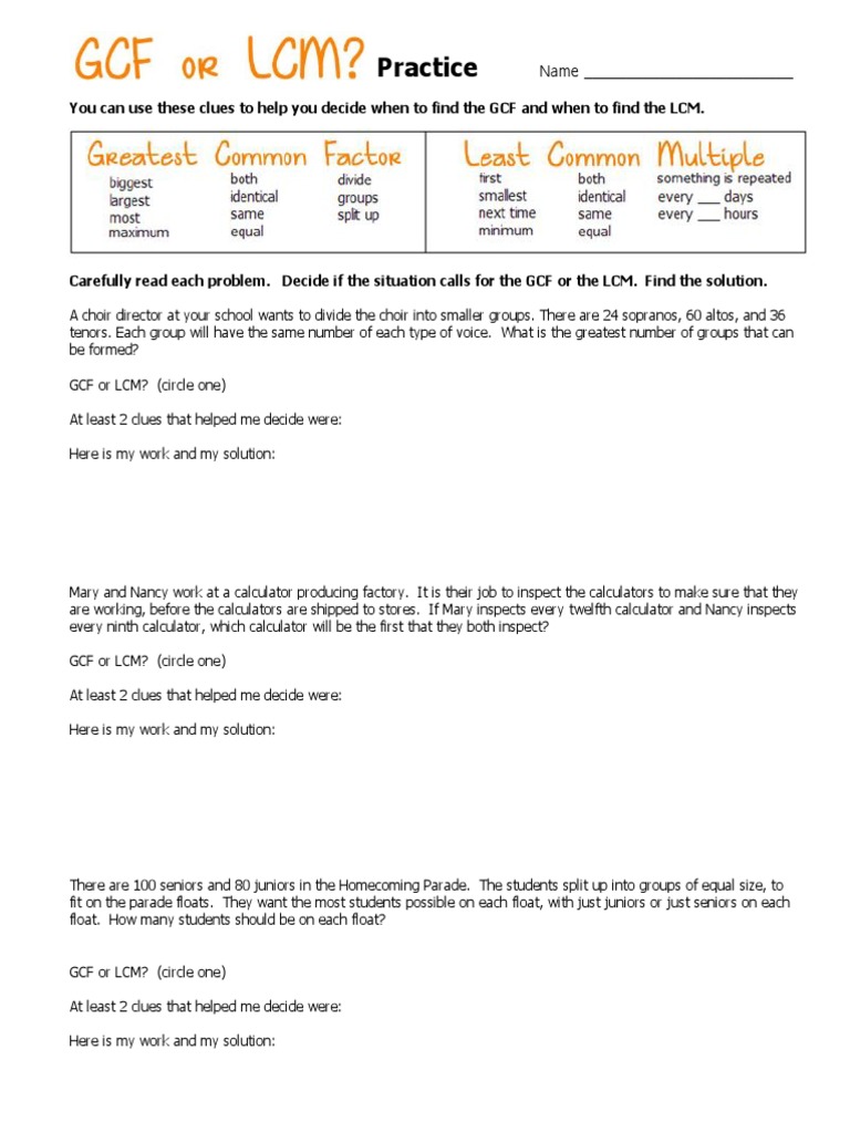 GCF or LCM Using Clues | PDF | Teaching Mathematics | Leisure