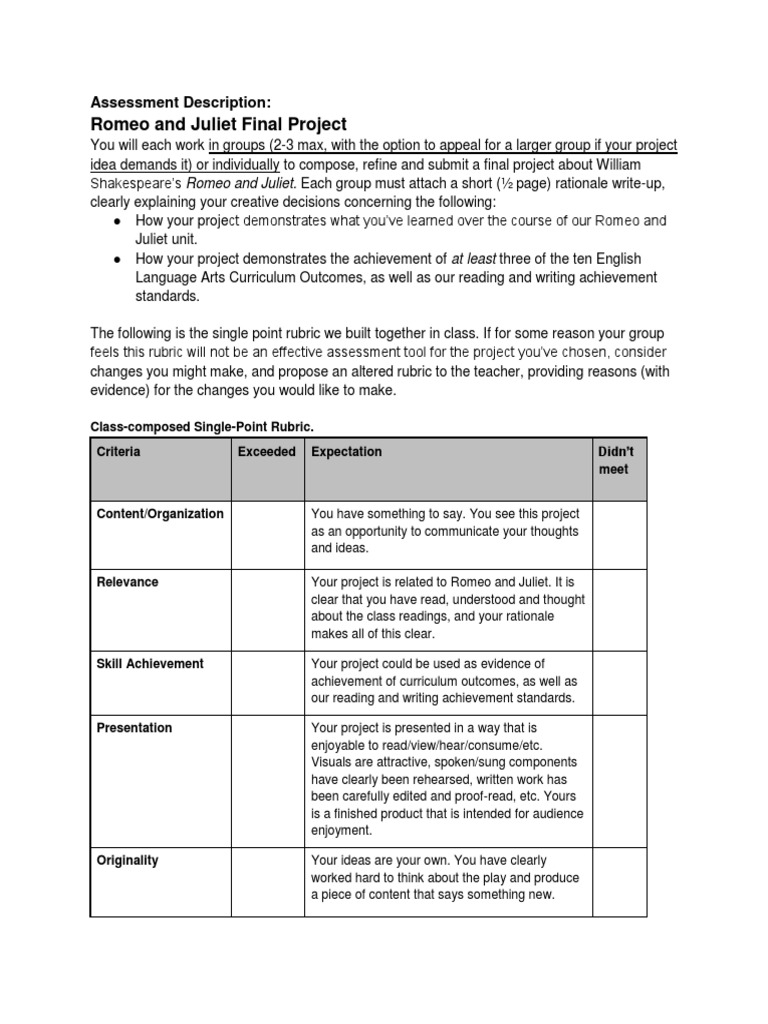Romeo and Juliet Assessment | Download Free PDF | Rubric (Academic ...