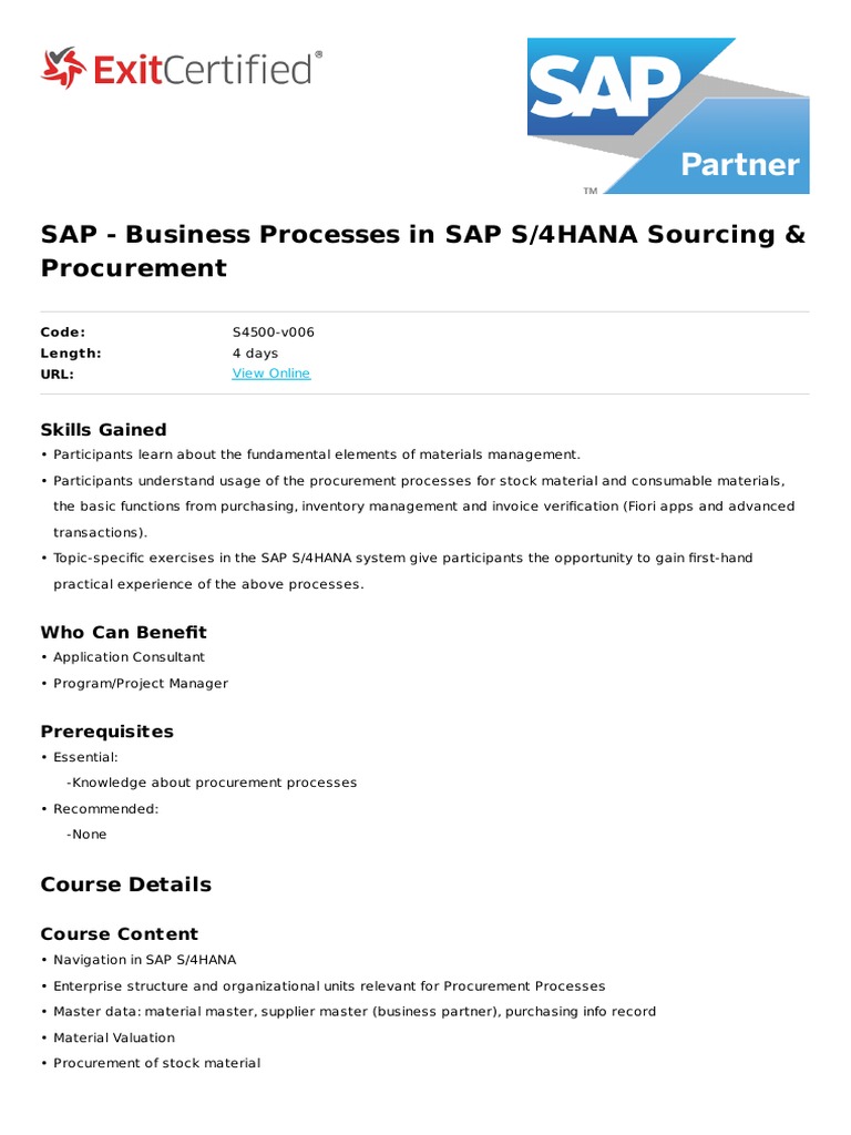 Business Processes in Sap S4hana Sourcing and Procurement | PDF