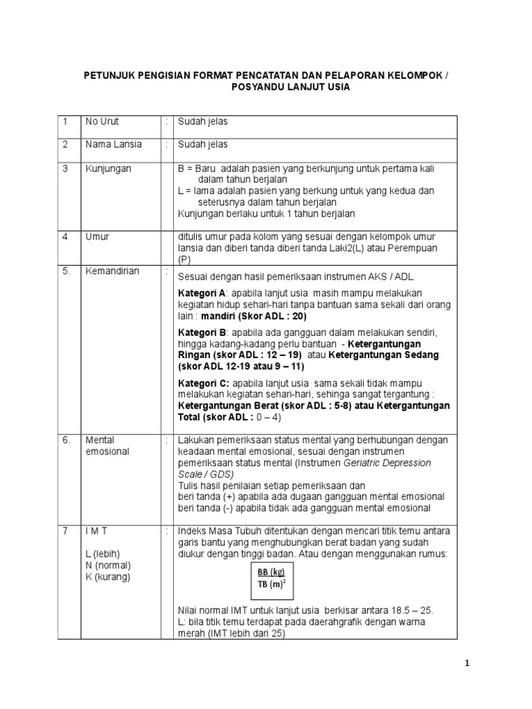 Petunjuk Pengisian Format Pencatatan Dan Pelaporan Kesehatan Lansia Edit Maret 2018 | PDF