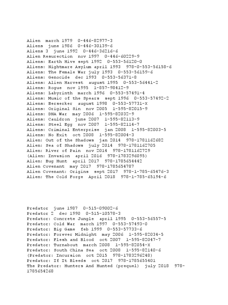 Complete Chronological List of Alien Predator Books With ISBNs | PDF