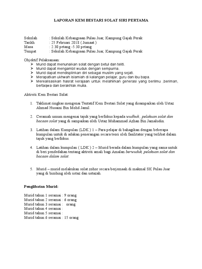 Laporan Kem Bestari Solat-Siri 1 SK Asyakirin | PDF