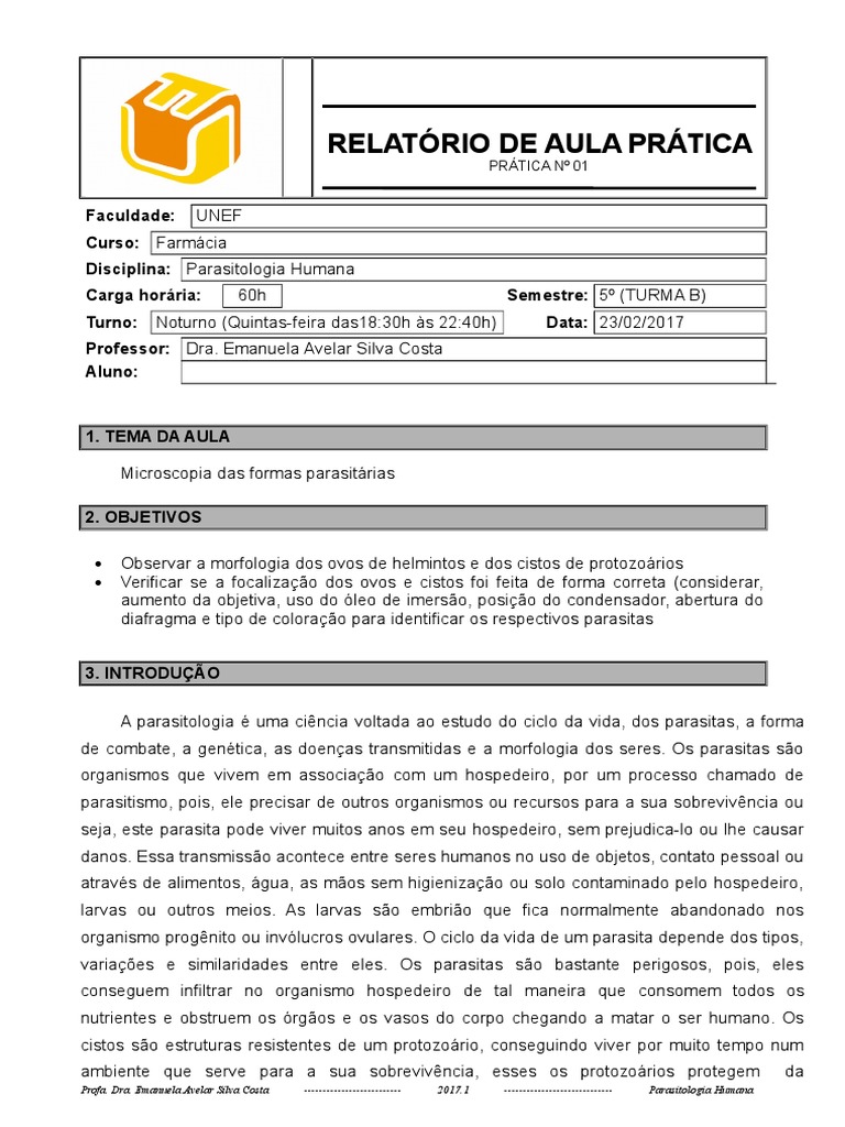 Relatório de Aula Prática- Parasitologia | Bem-estar | Natureza