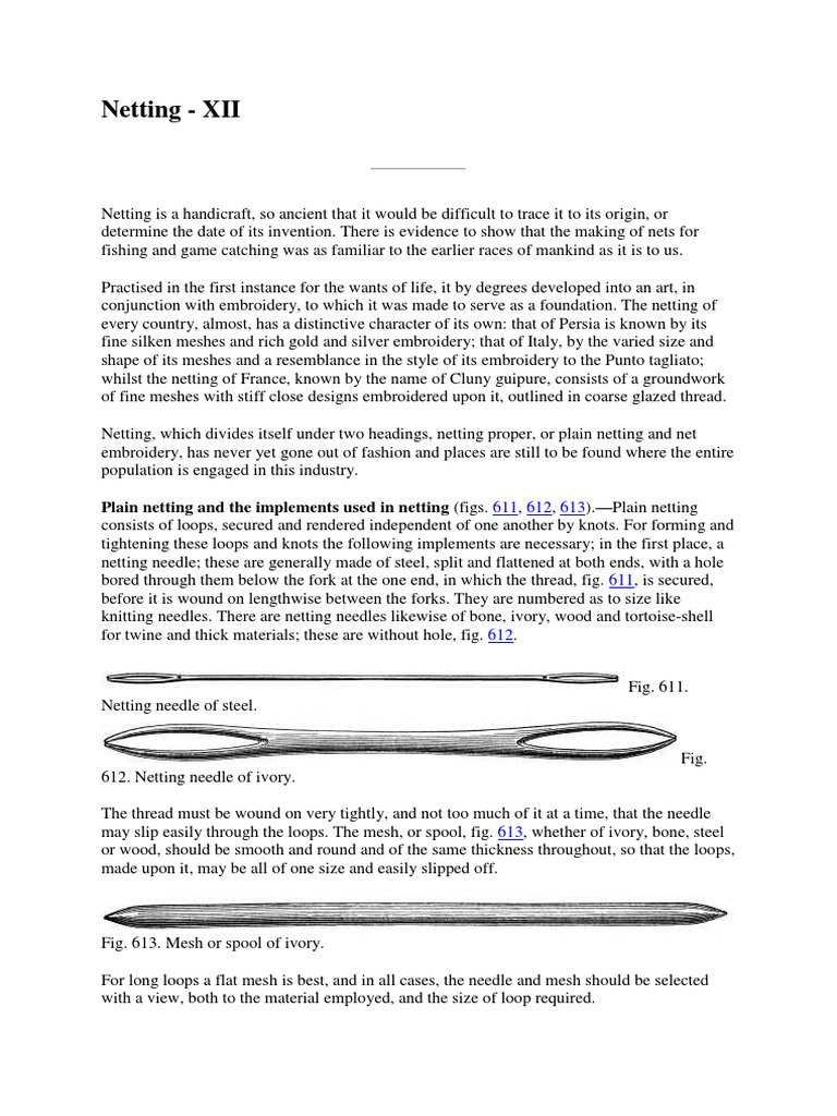 Netting - XII: Plain Netting and The Implements Used in Netting (Figs ...
