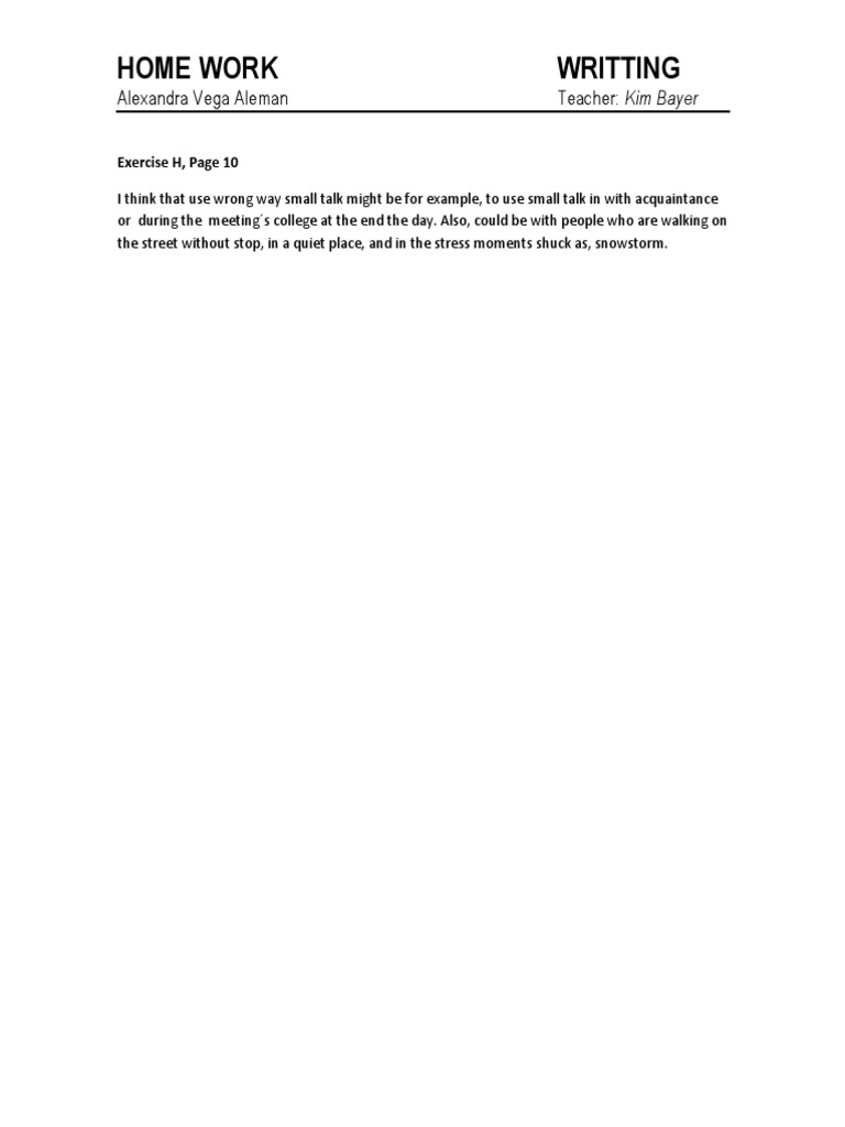 Home Work Writting: Alexandra Vega Aleman Teacher: Kim Bayer | PDF