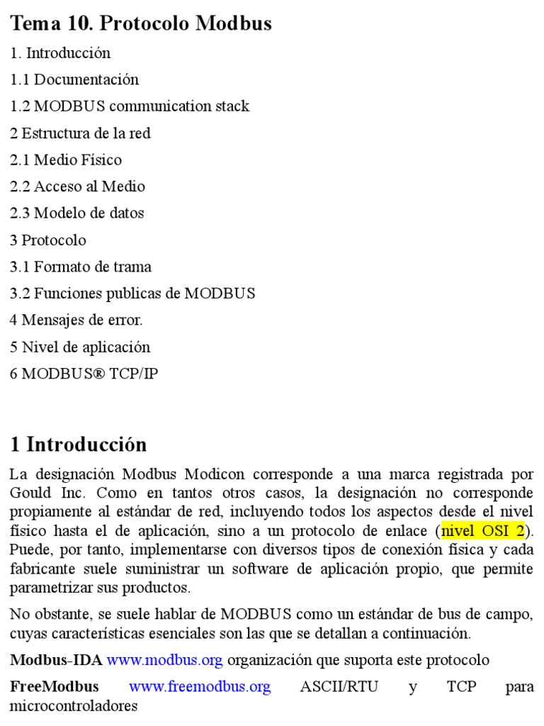 Tema 10 Protocolo Modbus | PDF | Protocolo de Control de Transmisión | Red de computadoras
