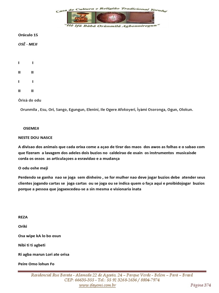 Oráculo Sagrado Ifayemi - 15 Ose | PDF | Familia | Humano