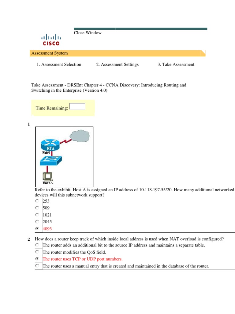 Take Assessment - DRSEnt Chapter 4 - CCNA Discovery Introducing Routing and Switching in The ...