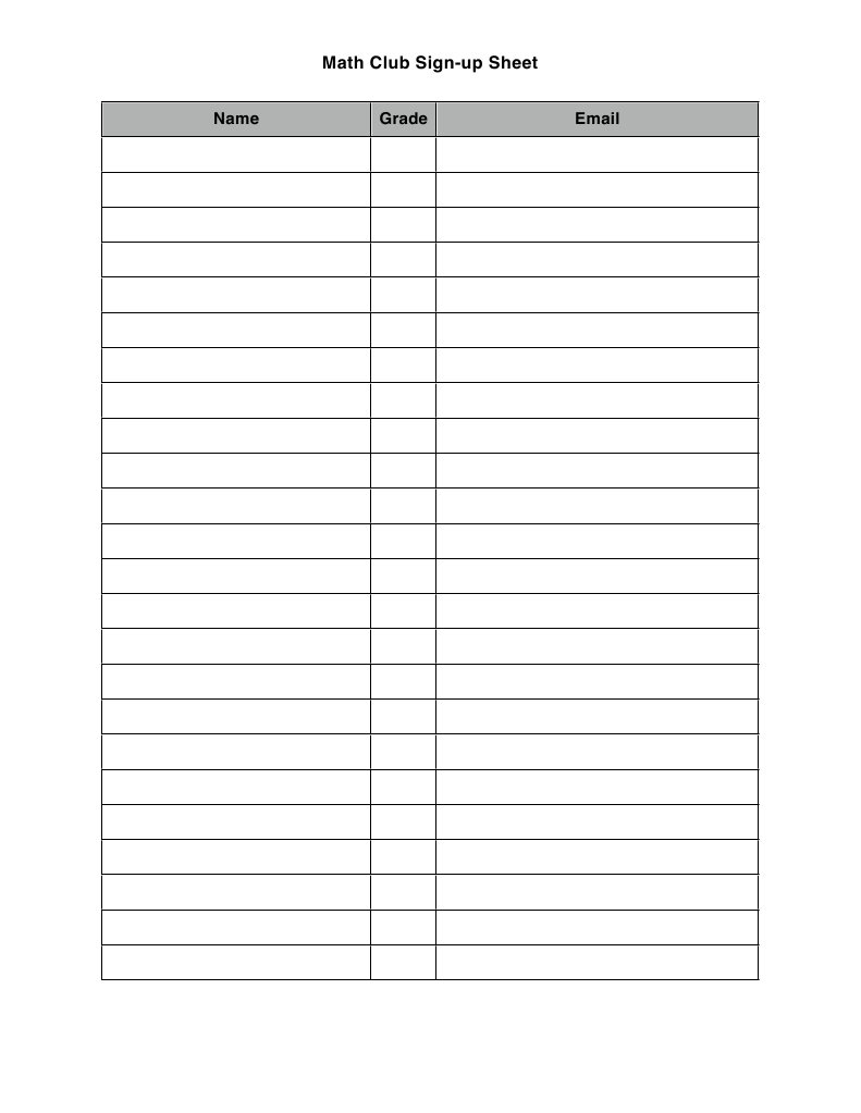 Name Grade Email: Math Club Sign-Up Sheet | PDF
