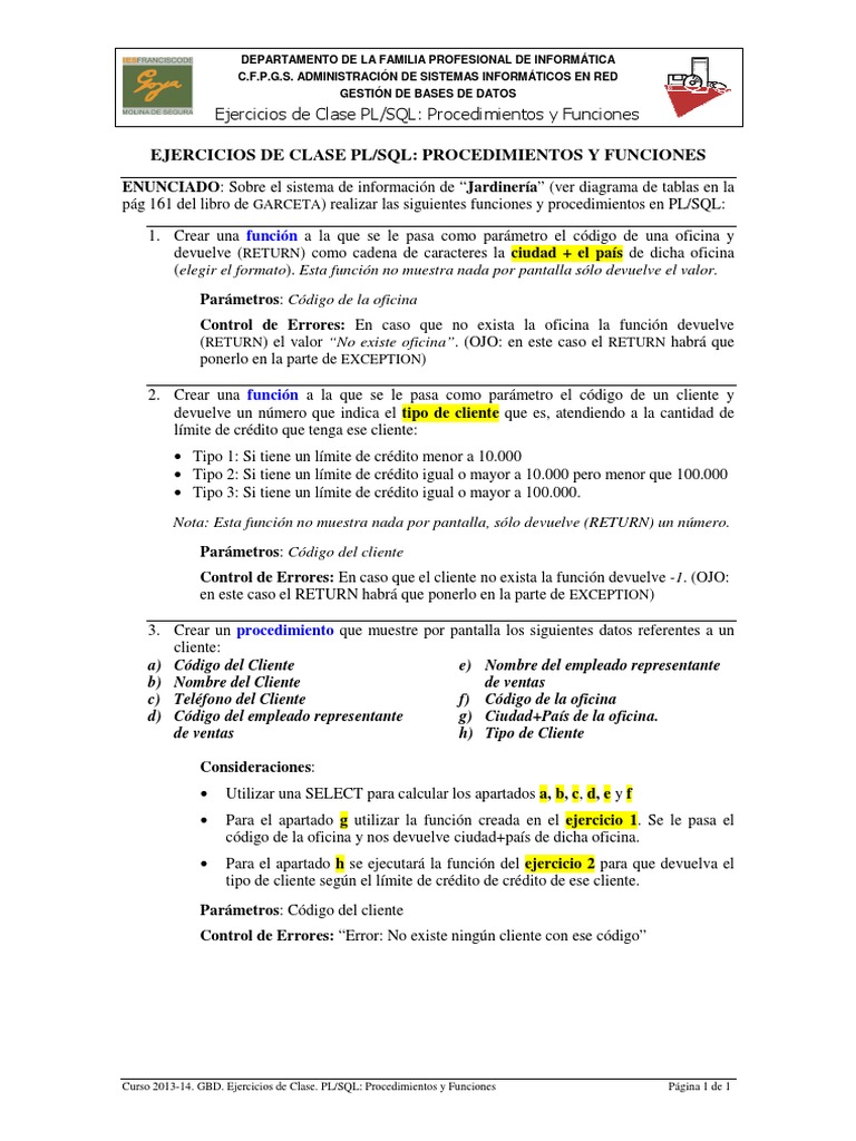 Ejercicios PL/SQL: Funciones y Procedimientos | PDF | Pl / Sql | SQL