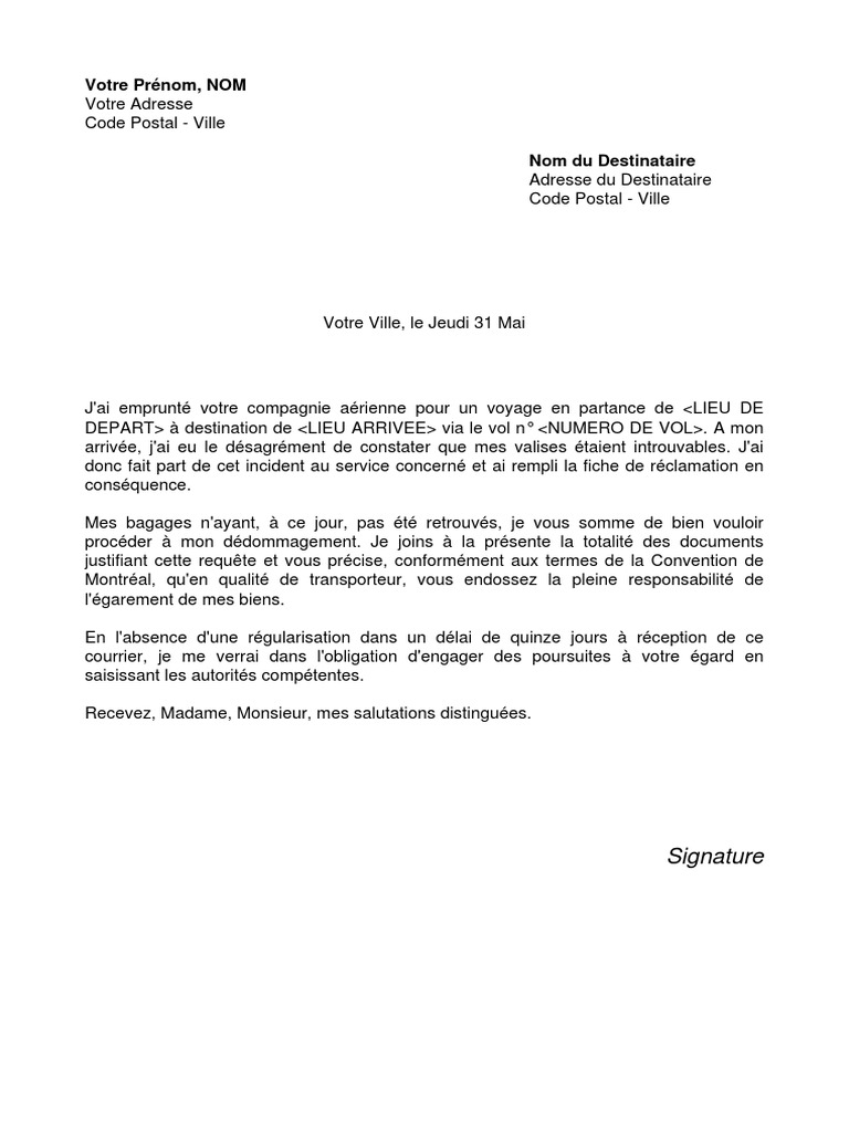 Lettre de Reclamation Compagnie Aerienne